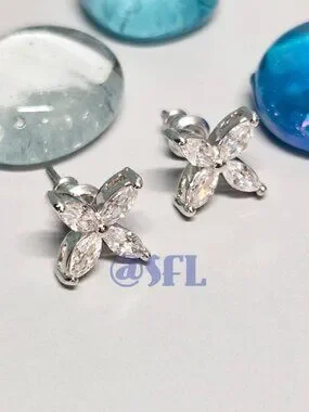 Jewelry | Silver Tone Cz 4 Petals Stud Earrings Cottage Core Floral ...